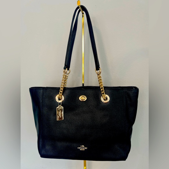 Coach | Bags | Coach Black Pebbled Leather Turnlock Chain Tote Wgold ...